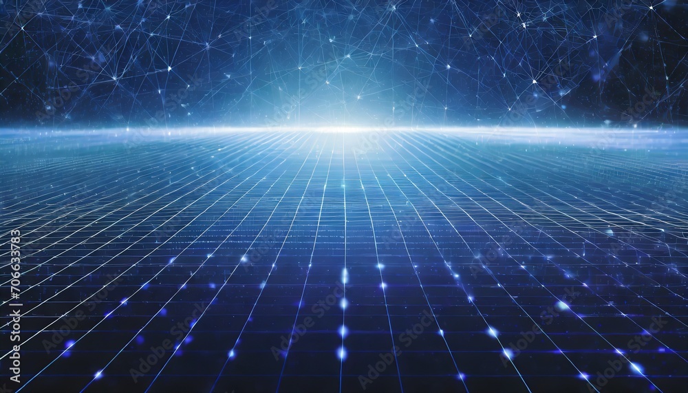 abstract technology background of a quantum computing system with a cyber network grid and ...