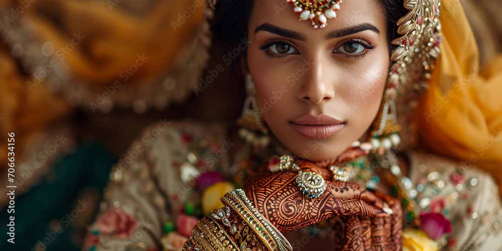 Ethnic glamour portrait, South Asian woman adorned in traditional ...