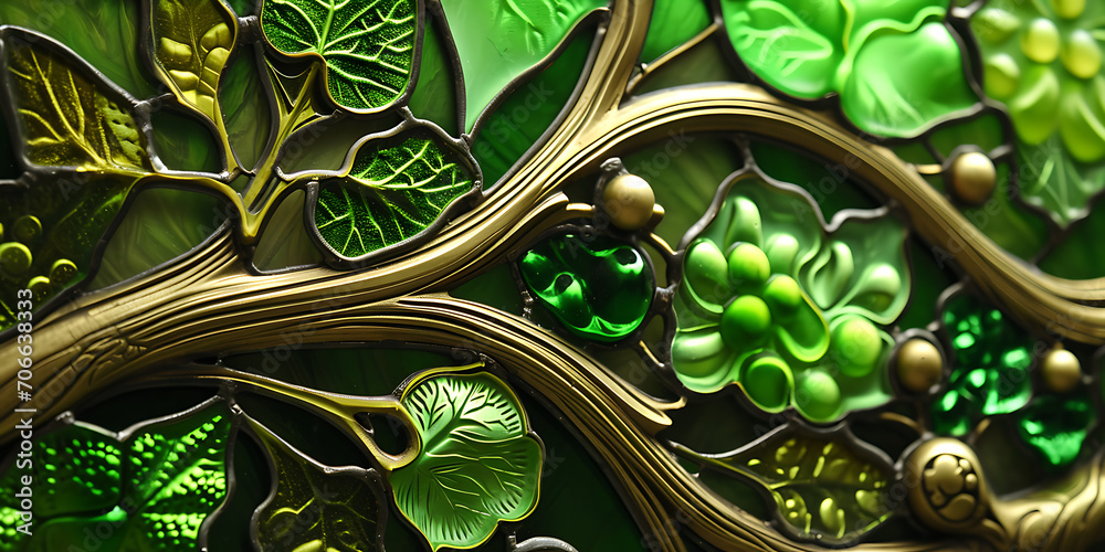 Um close-up de uma vitral Art Nouveau detalhado e intrincado, com ...