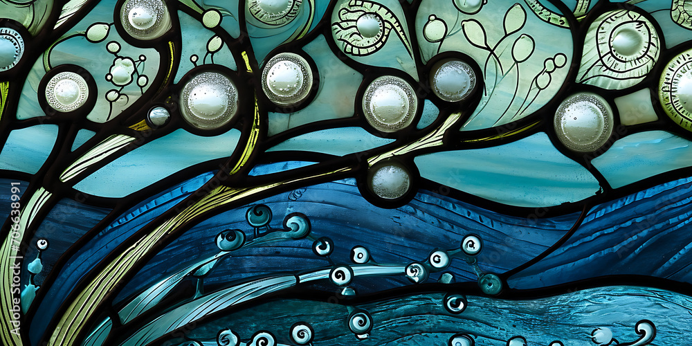 Um close-up de uma vitral Art Nouveau detalhado e intrincado, com ...