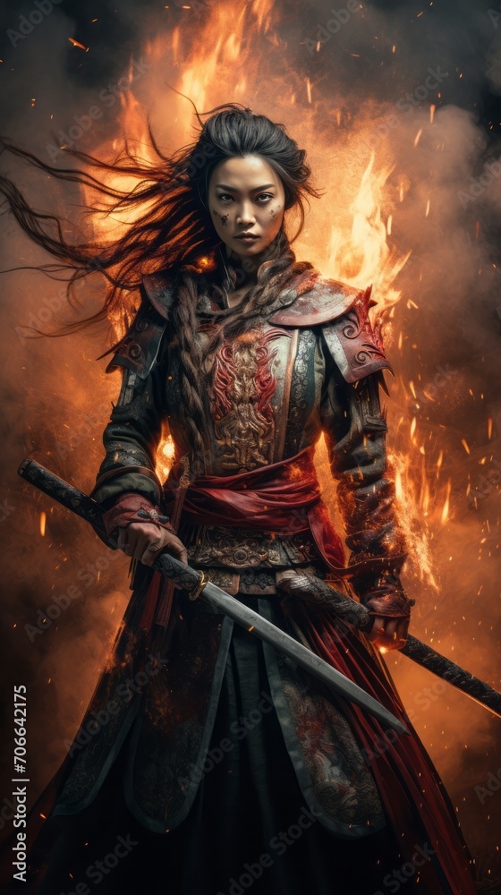 Ancient asian female fighter, holding a long stick, dust on her face ...