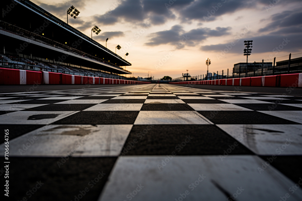 International circuit speed track finish line in empty stadium asphalt ...