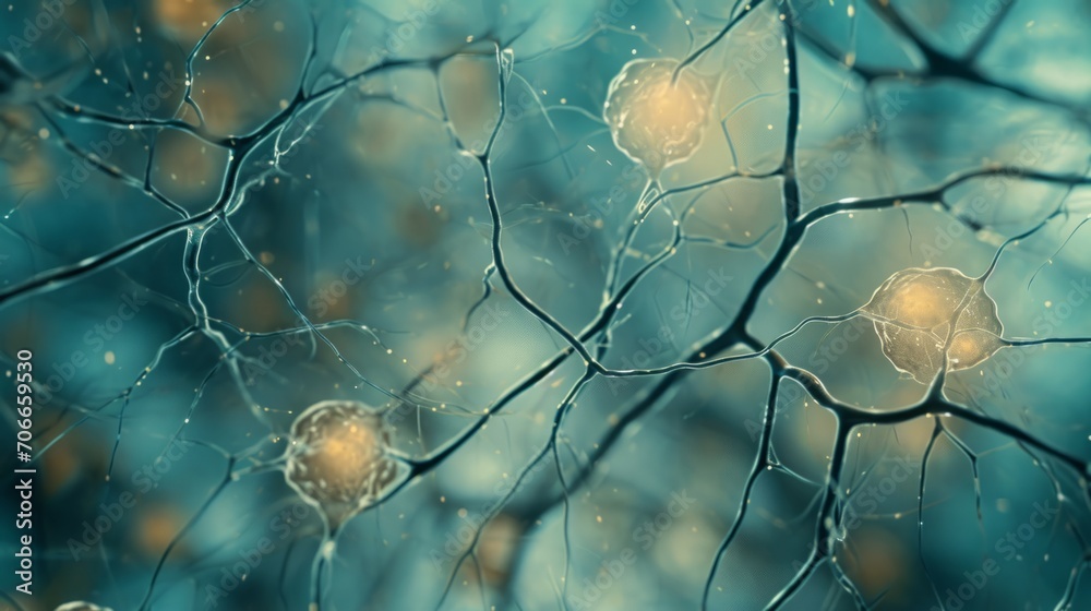 Neurons cells featuring luminescent connections resembling knots ...