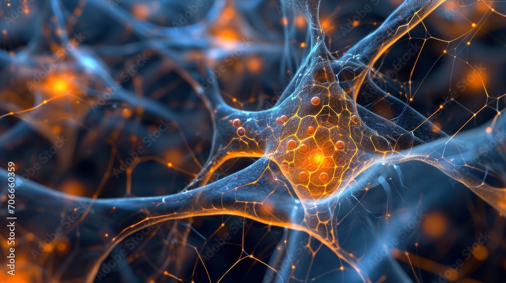 Neurons cells featuring luminescent connections resembling knots. Glowing neurons within the ...