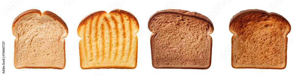 A set of different toasted breads are cut out on a transparent ...