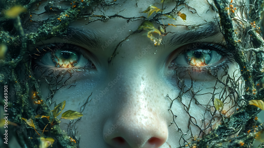 face of a fantasy person, representative of nature, the tree man, face ...