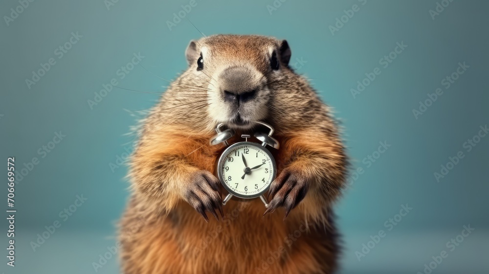 Portrait of a groundhog with an alarm clock in his paws isolated ...