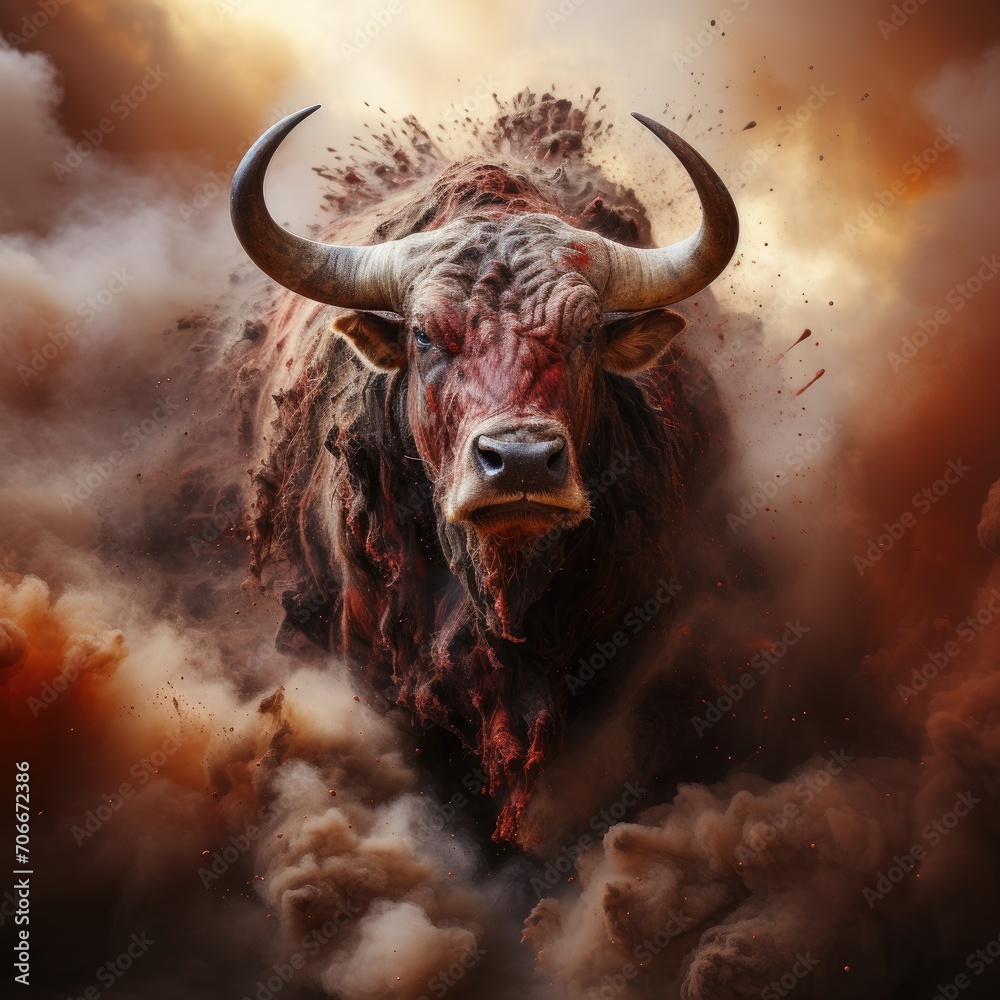 Portrait of a running bull in smoke, blood and fire. Traditional ...