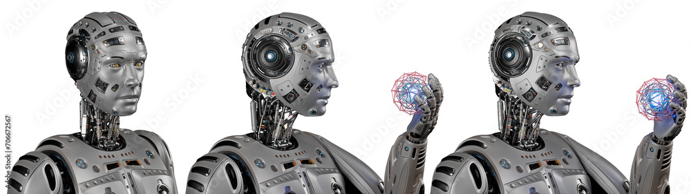 Very detailed futuristic robot man or humanoid cyborg holds a ...