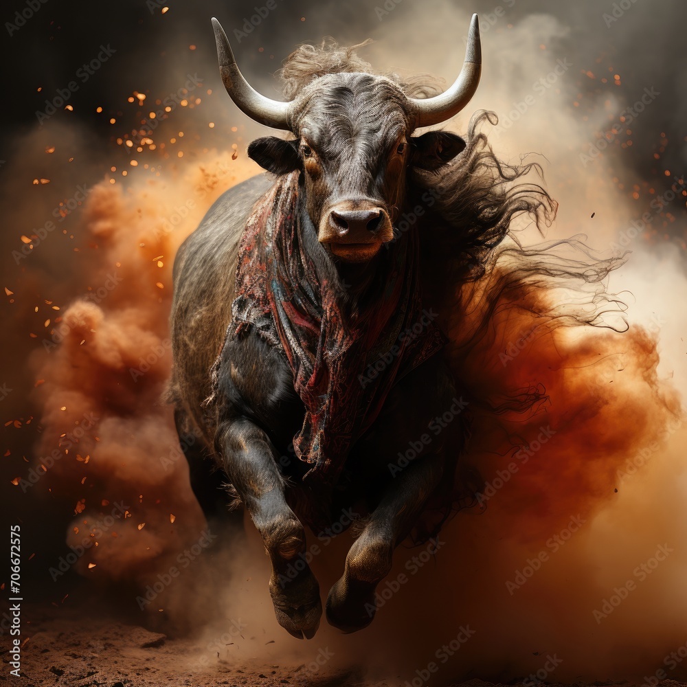 Portrait of a running bull in smoke, blood and fire. Traditional ...