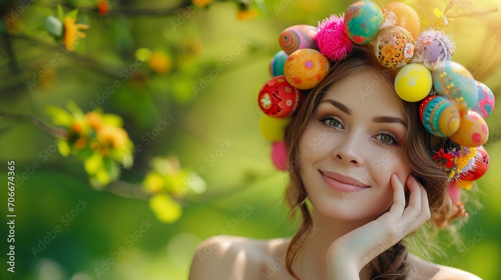 Easter Woman. Spring Girl with Fashion Hairstyle. Portrait, hand ...
