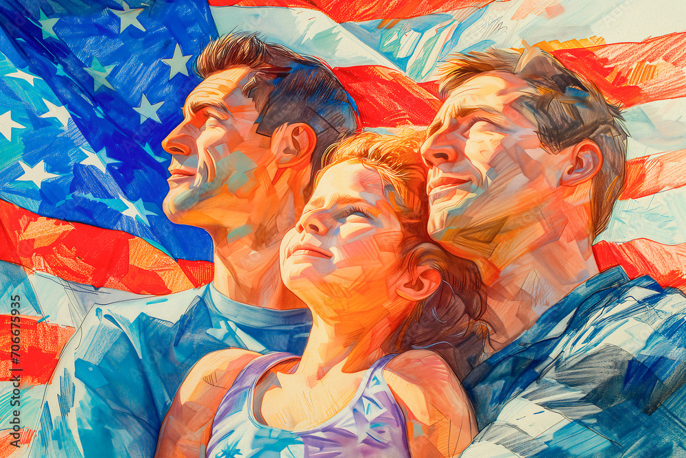 Two Fathers And One Daughter In Front Of The American Flag, Family Of ...