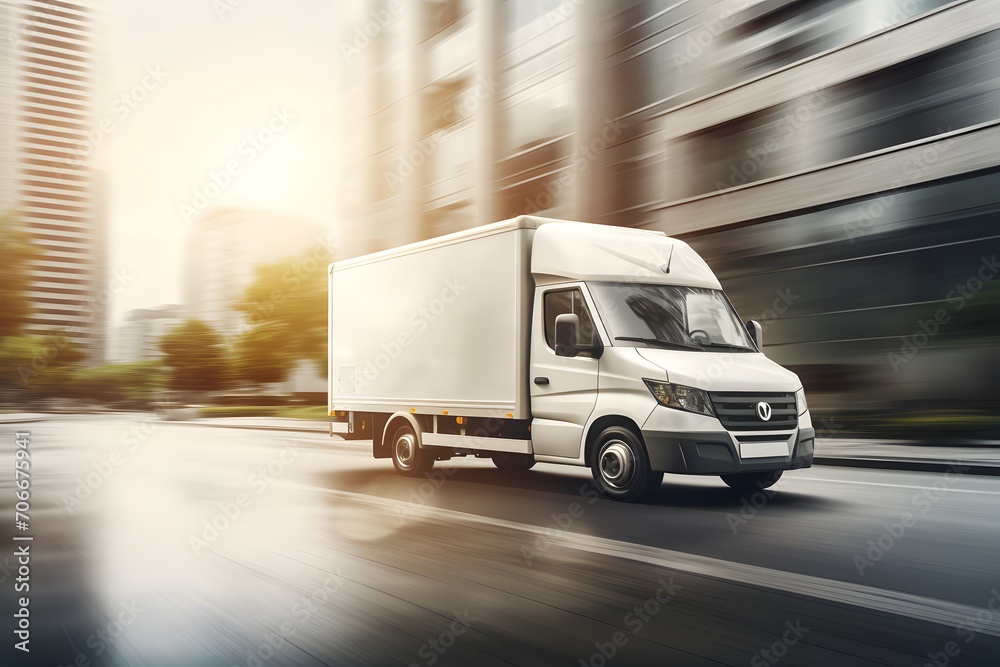 white delivery truck driving in fast motion in urban city concept of ...