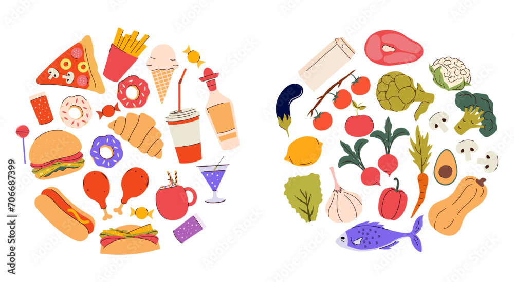 Healthy food and junk food concept in flat style. Comparison. Balanced ...