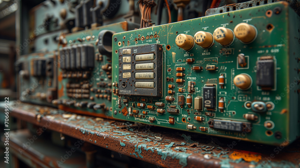 Close-up view of an old electrical panel, highlighting its aged surface ...