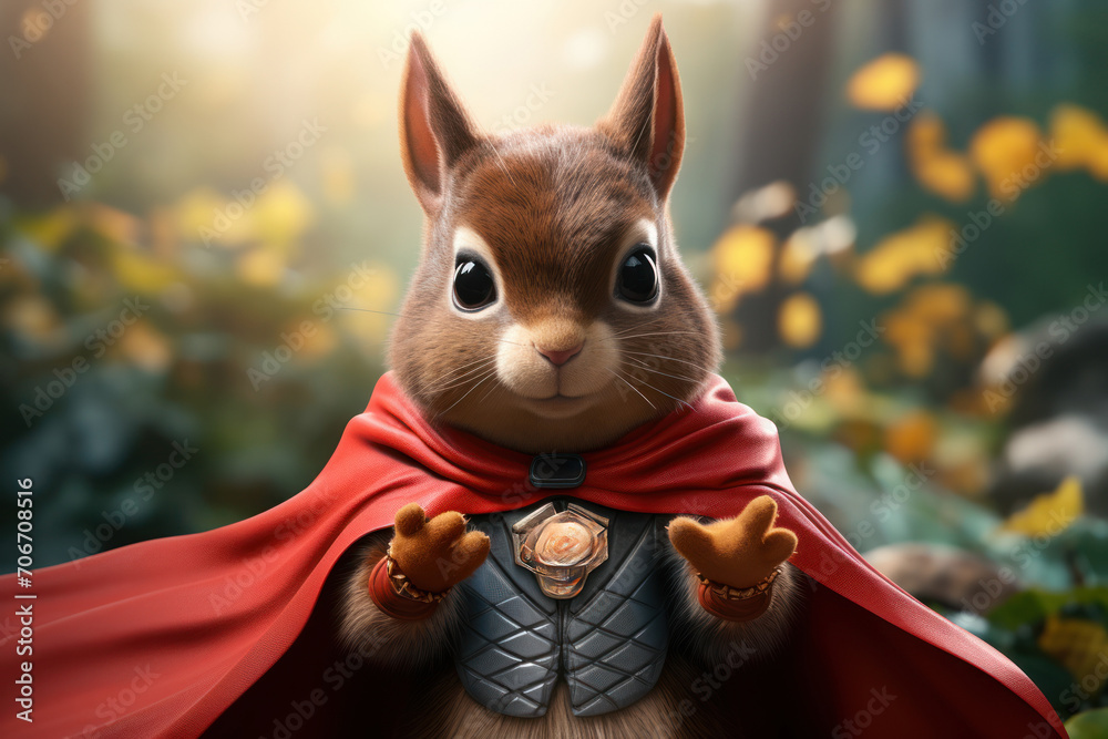 A squirrel donning a superhero cape and posing dramatically, portraying ...