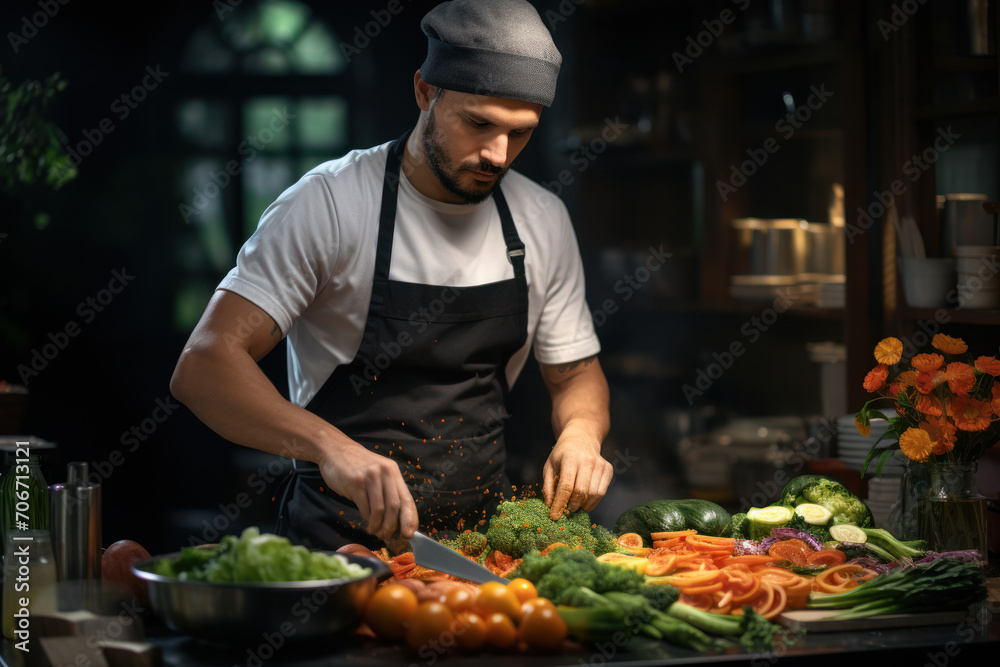 A chef expertly chopping vegetables with rapid precision, highlighting ...
