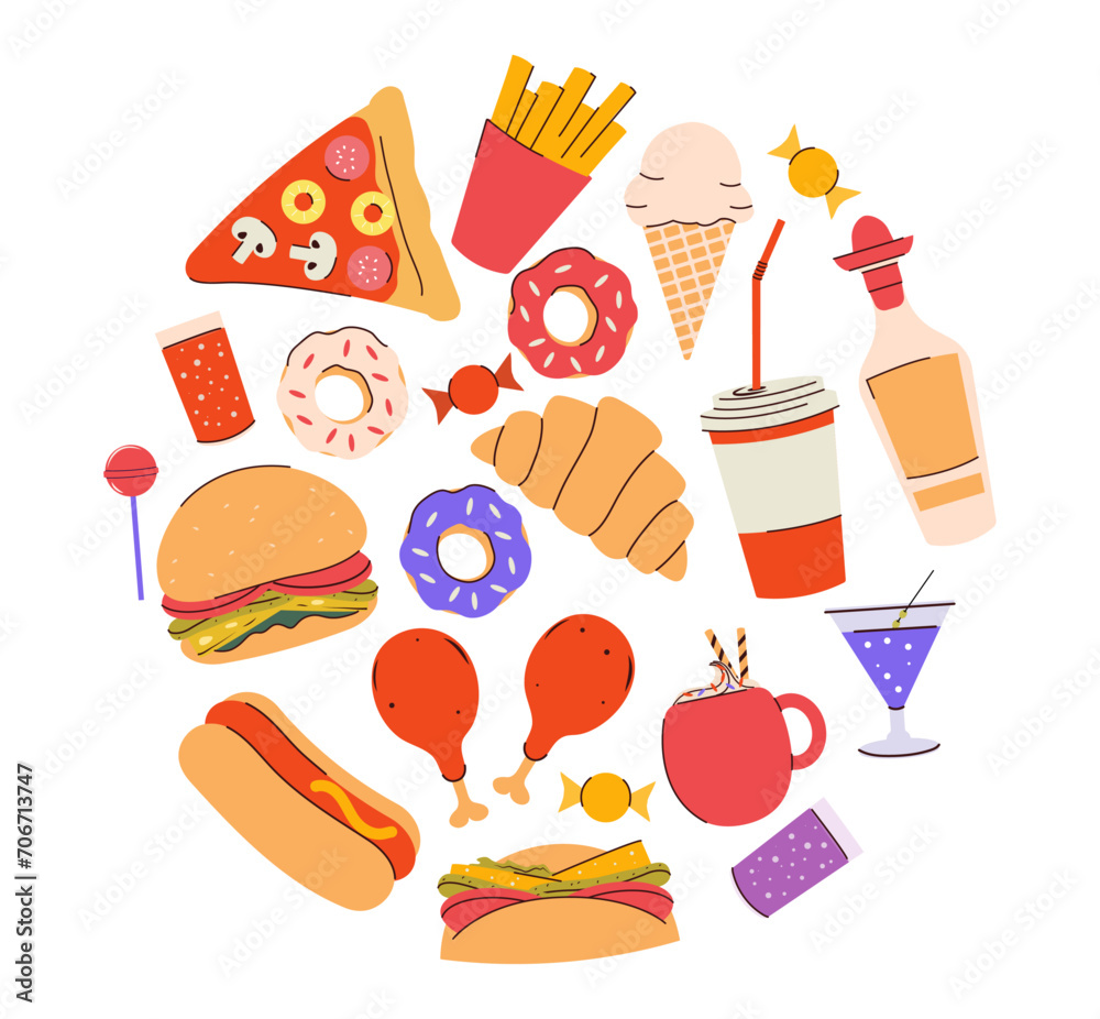 Unhealthy and junk food in a circle. Fast food. Obesity from nutrition ...