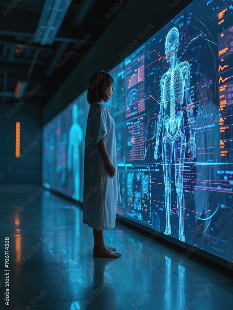 A person standing next to their digital twin, displayed on a large ...