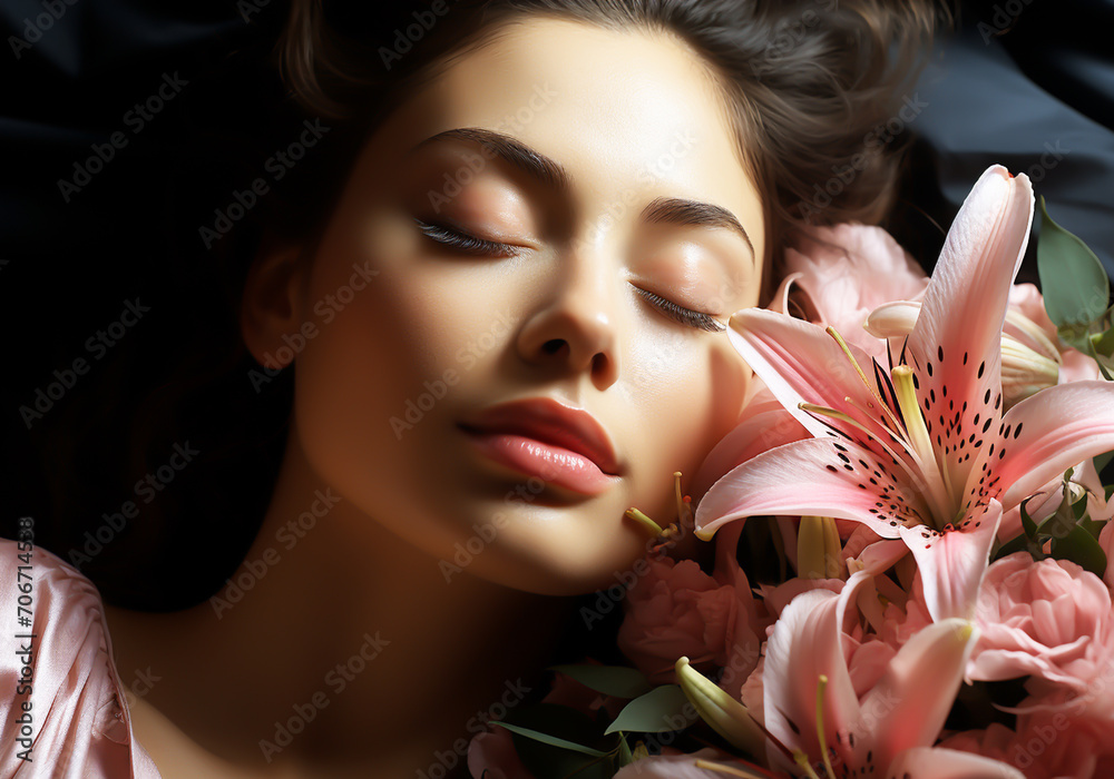 Woman surrounded by flowers. Serenity and tranquility. Woman's Day ...