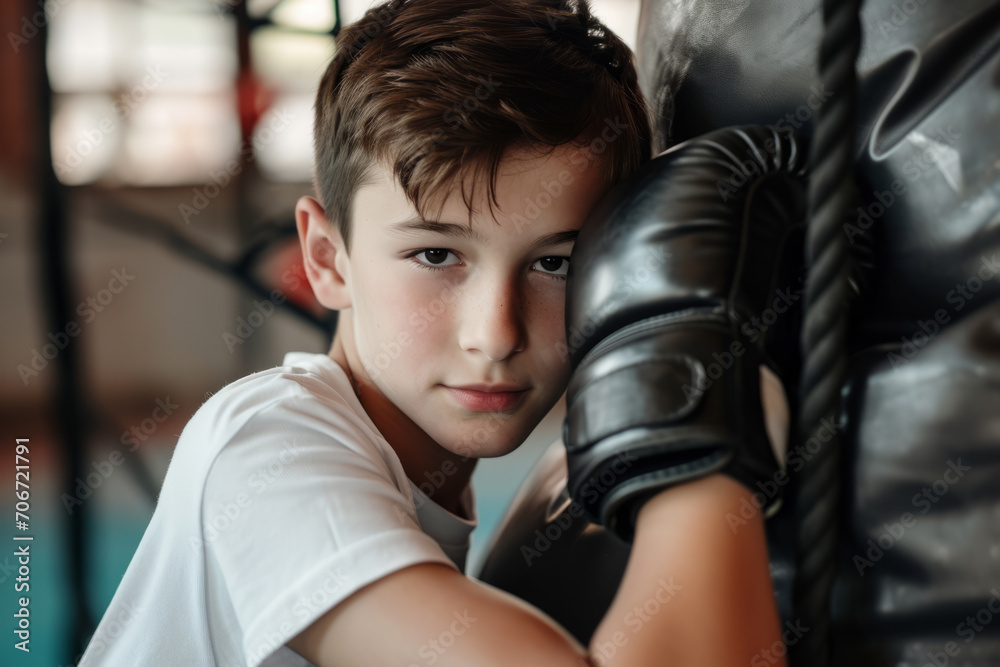 Handsome teenage boy wearing black boxing gloves looking at camera in ...