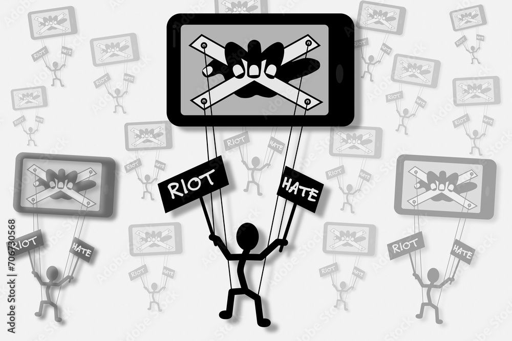 Crowd of Puppets controlled by hand on social media, hate riot posters ...