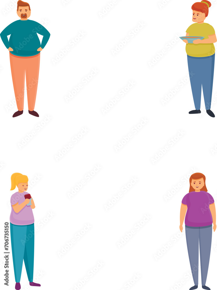 Overweight people icons set cartoon vector. Adult person abdominal ...