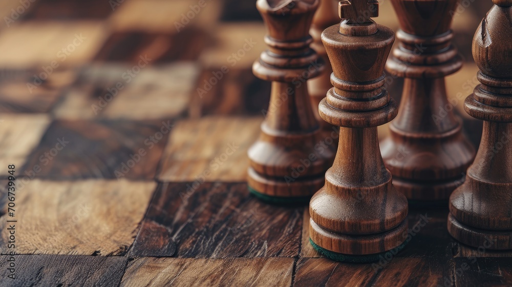 Banner of chess wood pieces on a wood chesboard, on a wood table ...