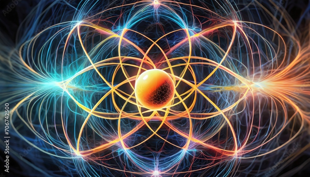 Atom with electrifying energy waves. Illustration representing ...