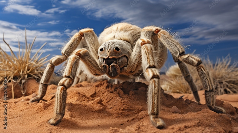A tarantula emerging from its burrow, capturing the moment of ...