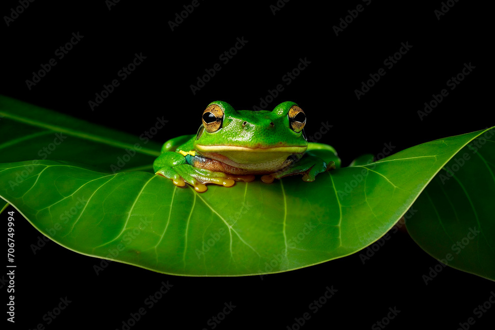 Generative AI illustration of vivid green tree frog resting on a large ...