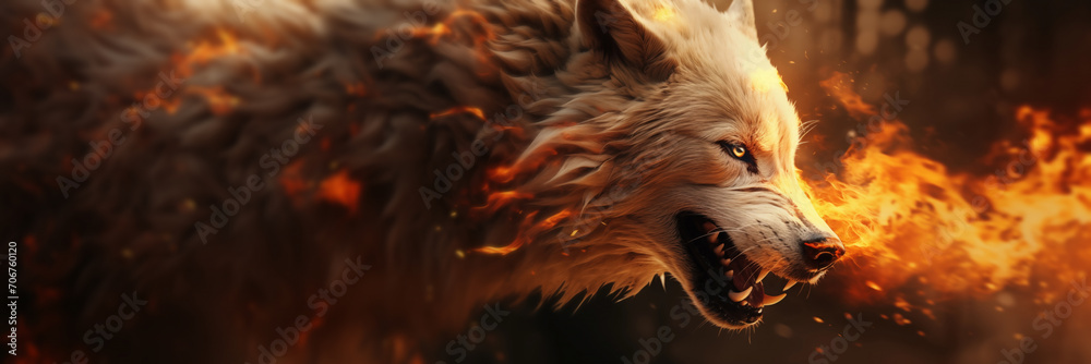 Ethereal White Wolf Amidst Flames: A Horizontal Poster of Ashen Embers ...
