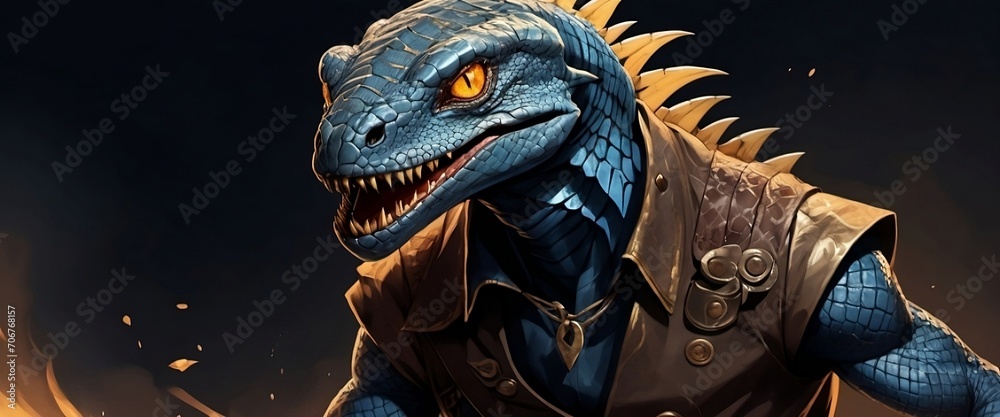 Lizard man in an evil pirate ship in the background explosions on the ...