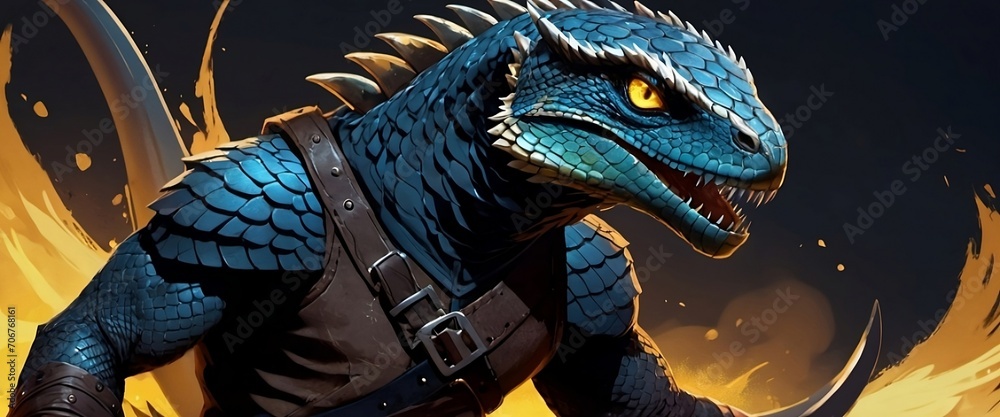 Lizard man in an evil pirate ship in the background explosions on the ...