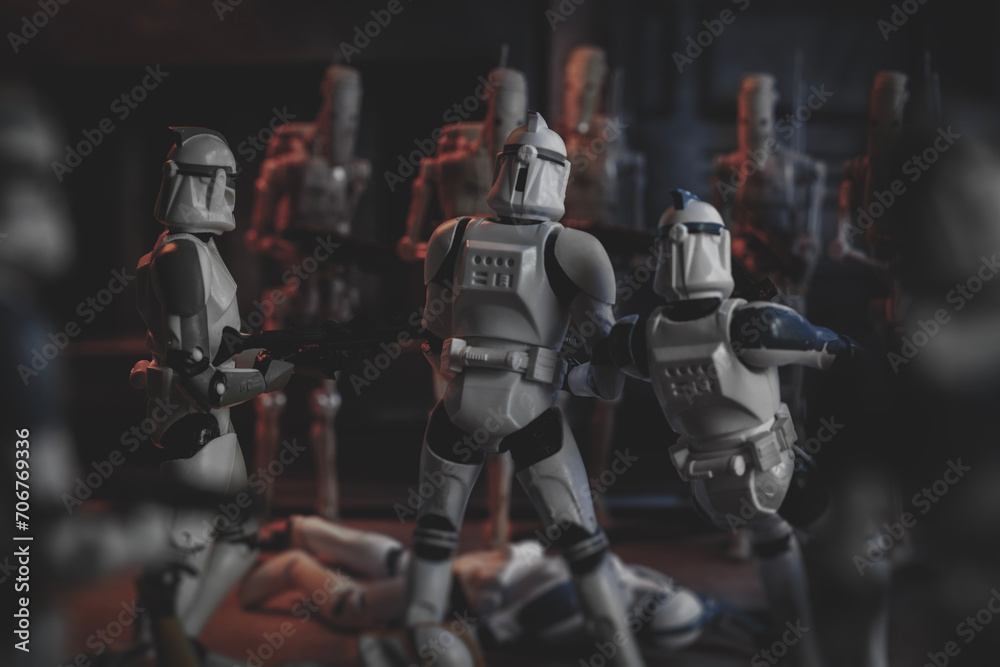 NEW YORK, USA: JAN 1 2024: scene from Star Wars the Clone Wars, clone ... NEW YORK, USA: JAN 1 2024: scene from Star Wars the Clone Wars, clone ...