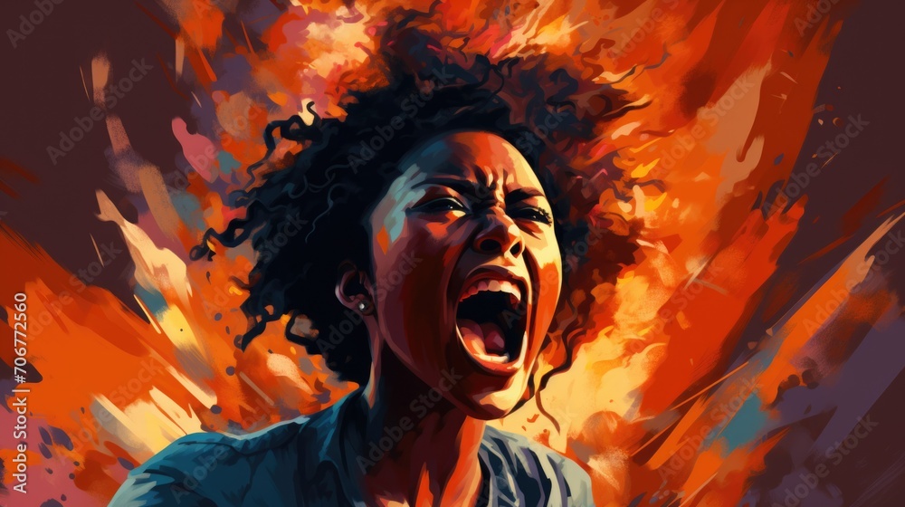 Artful representation of a female activist expressing anger and ...