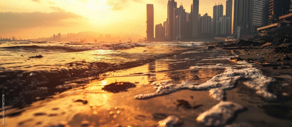 The sea and the beach are polluted with oil A crude oil spill on the ...