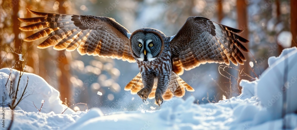 Powerful bird of prey Great Grey Owl Strix nebulosa landing with spread ...