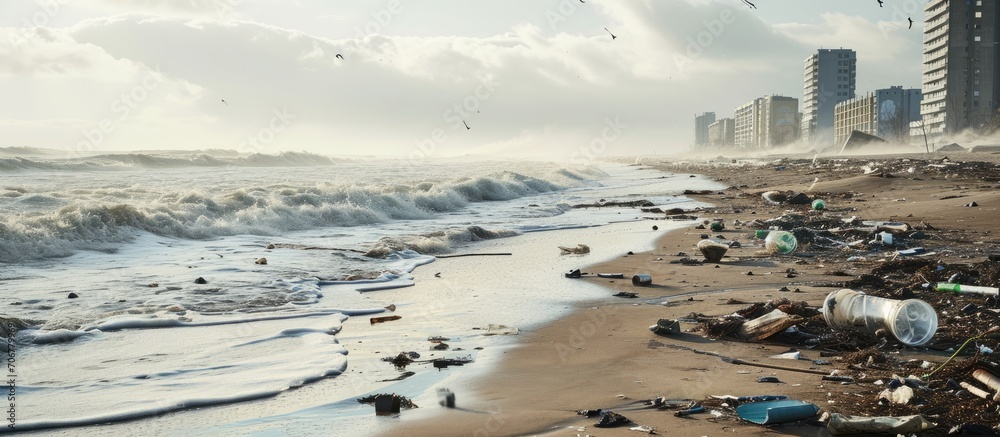 The sea and the beach are polluted with oil A crude oil spill on the ...