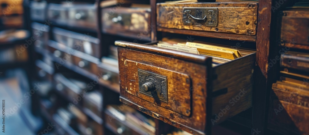 Old library or archive reference catalogue with opened card drawer ...