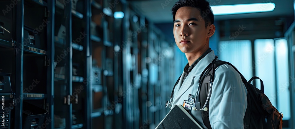 Smart and inspired young Asian male medical student in a uniform with ...