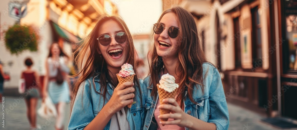 Two girls are strolling talking and eating cone ice cream and having ...