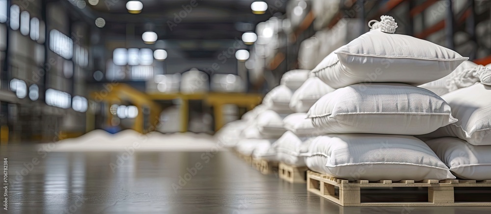 Powdered milk in paper bags stacked on plastic pallets factory ...