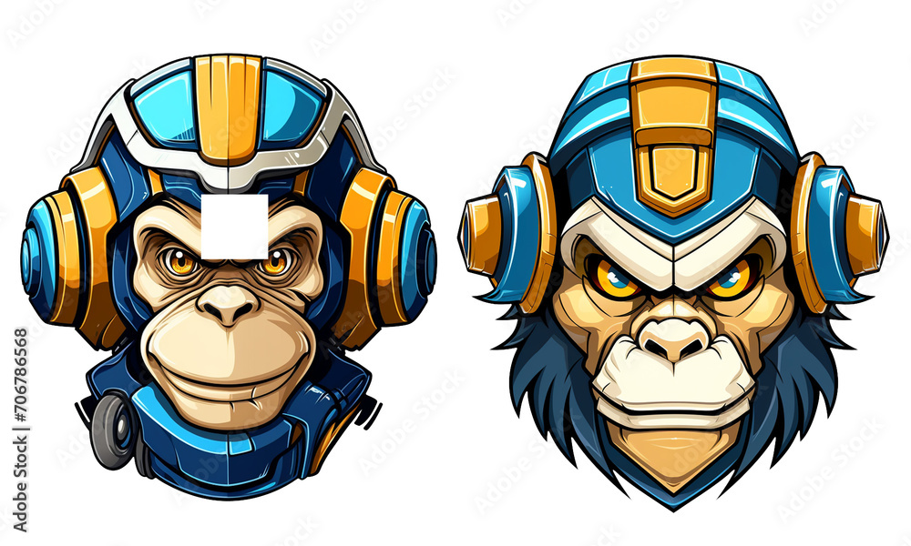 set of cartoon mascots of monkey heads wearing robot helmets Stock ...