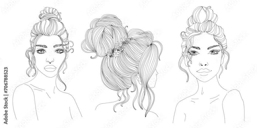 woman portrait line art illustration set messy bun girl ink pen drawing ...