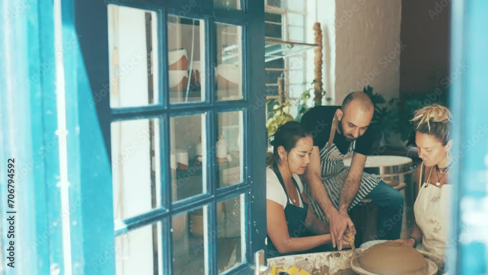 Pottery wheel, class or man teaching workshop skill, sculpture design ...