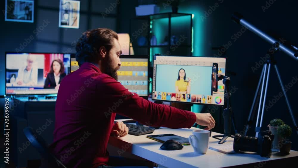 Photographer using phone on tripod to record explaining basic photography editing techniques for ...