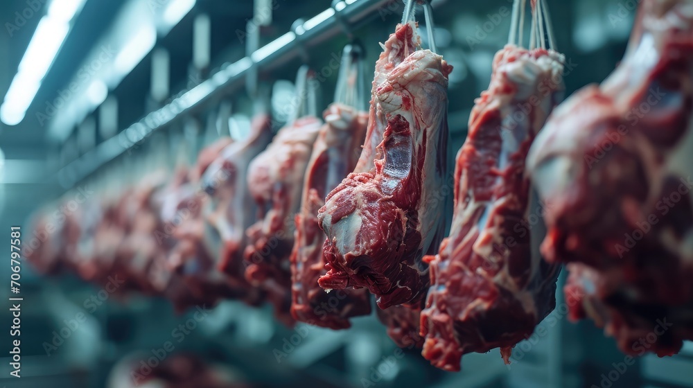 Meat industry,meats hanging in the cold store. Cattles cut and hanged ...