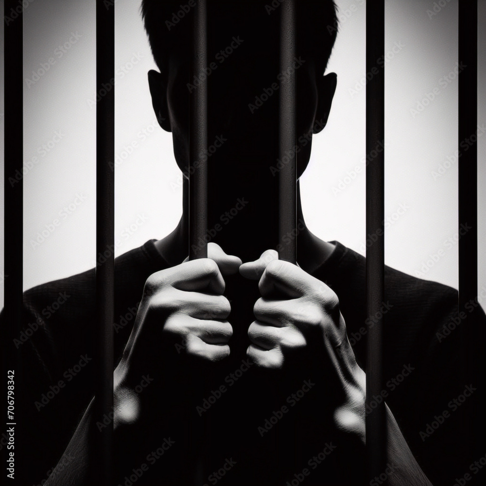 silhouette of a prisoner behind bars. Man in prison, desperate criminal ...