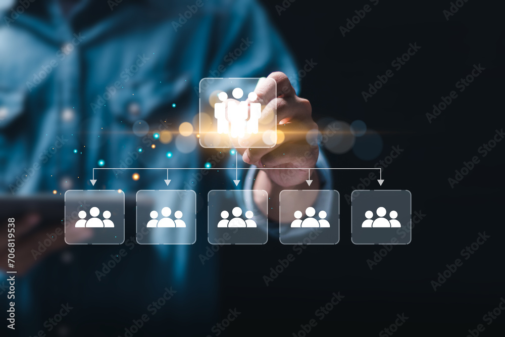 Businessman touch workflow automation system with data diagram of hierarchical structure of ...